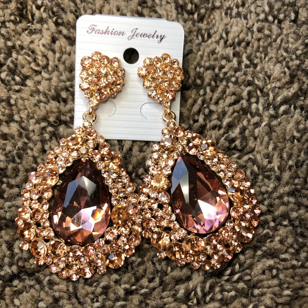 Pageant Prom Fashion Rhinestone Earrings Rose Gold - Gem